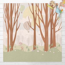 Bilderwelten Kork-Teppich Illustration gr&uuml;n Wald Korkmatte - Sonne mit B&auml;umen und Hei&szlig;luftballons - Ballon Kinderzimmer Baby M&auml;dchen Jungen