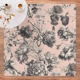 Bilderwelten Kork-Teppich Vintage beige Blumen Korkmatte - Floraler Kupferstich Graubeige - Retro Wohnzimmer Schlafzimmer