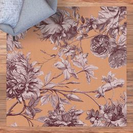 Bilderwelten Kork-Teppich Vintage rot Blumen Korkmatte - Floraler Kupferstich Geflecht Altrot - Retro Wohnzimmer Schlafzimmer