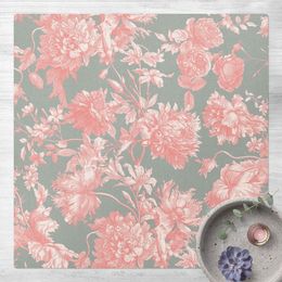 Bilderwelten Kork-Teppich Vintage grau Blumen Korkmatte - Floraler Kupferstich Rosagrau - Retro Wohnzimmer Schlafzimmer