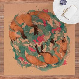 Bilderwelten Kork-Teppich modern t&uuml;rkis Tiere Korkmatte - Illustration F&uuml;chse und Wellen Malerei - Deko Wohnzimmer Schlafzimmer