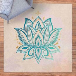 Bilderwelten Kork-Teppich Illustration t&uuml;rkis Spirituell Korkmatte - Lotus Illustration Mandala gold blau - Ornamente Wohnzimmer Schlafzimmer