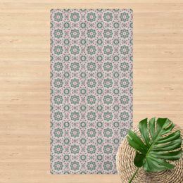 Bilderwelten Kork-Teppich Illustration violett Fliesenoptik - Florale Fliesen t&uuml;rkis-rosa - Deko Wohnzimmer Schlafzimmer