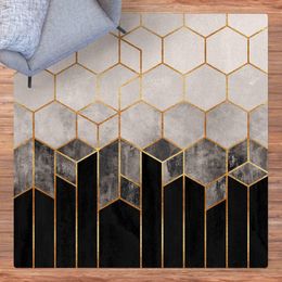 Bilderwelten Kork-Teppich Abstrakt schwarz weiss originell Aquarell - Goldene Sechsecke Schwarz Wei&szlig; - Geometrisch Wohnzimmer Schlafzimmer