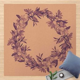 Bilderwelten Kork-Teppich Illustration violett Aquarell - Romantischer Bl&uuml;tenkranz Lila - Deko Wohnzimmer Schlafzimmer
