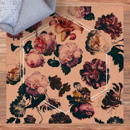 Bilderwelten Kork-Teppich Illustration rosa Blumen Aquarell - Barockbl&uuml;ten mit wei&szlig;er Geometrie - Deko Wohnzimmer Schlafzimmer