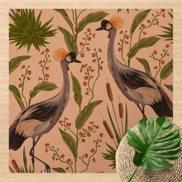 Bilderwelten Kork-Teppich Illustration gr&uuml;n Tiere Korkmatte - Chinoiserie Kronenkranich zwischen Rohrkolben - V&ouml;gel Wohnzimmer Schlafzimmer