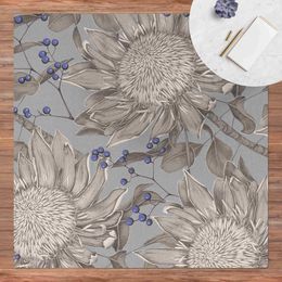 Bilderwelten Kork-Teppich Vintage grau Blumen Korkmatte - Florale Eleganz Blaubeeren - Retro Wohnzimmer Schlafzimmer