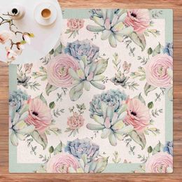 Bilderwelten Kork-Teppich Illustration pastell Aquarell - Aquarell Blumenbouquet mit Sukkulenten und Rahmen - Deko Wohnzimmer Schlafzimmer