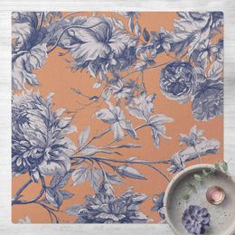 Bilderwelten Kork-Teppich Vintage blau Blumen Korkmatte - Floraler Kupferstich Geflecht K&ouml;nigsblau - Retro Wohnzimmer Schlafzimmer