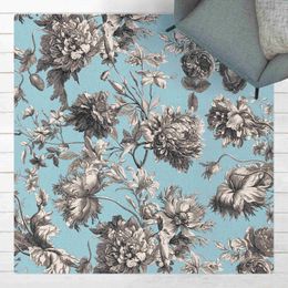Bilderwelten Kork-Teppich Vintage blau Blumen Korkmatte - Floraler Kupferstich Graublau - Retro Wohnzimmer Schlafzimmer