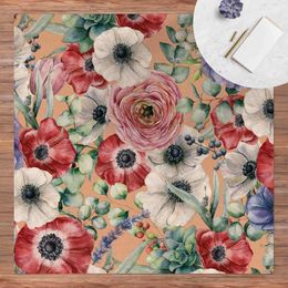 Bilderwelten Kork-Teppich Illustration rot Aquarell - Buntes Mohnblumengeflecht Aquarell - Mohn Wohnzimmer Schlafzimmer