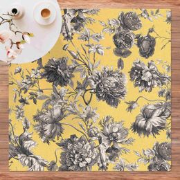 Bilderwelten Kork-Teppich Vintage gelb Blumen Korkmatte - Floraler Kupferstich Graugelb - Retro Wohnzimmer Schlafzimmer