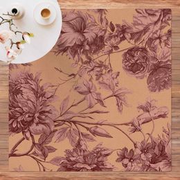 Bilderwelten Kork-Teppich Vintage rosa Blumen Korkmatte - Floraler Kupferstich Geflecht Altrosa - Retro Wohnzimmer Schlafzimmer
