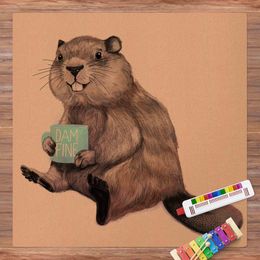 Bilderwelten Kork-Teppich modern braun Tiere Korkmatte - Illustration Biber mit Kaffeetasse - Kaffee Kinderzimmer Baby M&auml;dchen Jungen