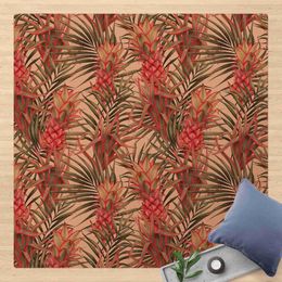 Bilderwelten Kork-Teppich Tropisch rosa Korkmatte - Rote Ananas mit Palmenbl&auml;ttern Tropisch - Pflanzen Wohnzimmer Schlafzimmer