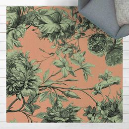 Bilderwelten Kork-Teppich Vintage gr&uuml;n Blumen Korkmatte - Floraler Kupferstich Geflecht Moosgr&uuml;n - Retro Wohnzimmer Schlafzimmer