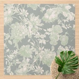 Bilderwelten Kork-Teppich Vintage grau Blumen Korkmatte - Floraler Kupferstich Mintgrau - Retro Wohnzimmer Schlafzimmer