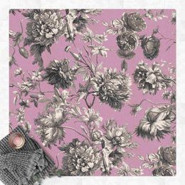 Bilderwelten Kork-Teppich Vintage violett Blumen Korkmatte - Floraler Kupferstich Grauviolett - Retro Wohnzimmer Schlafzimmer