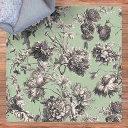 Bilderwelten Kork-Teppich Vintage gr&uuml;n Blumen Korkmatte - Floraler Kupferstich Graumint - Retro Wohnzimmer Schlafzimmer