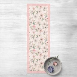 Bilderwelten Kork-Teppich Illustration weiss Aquarell - Aquarell Apfelbl&uuml;ten und Knospen mit Rahmen - Deko Wohnzimmer Schlafzimmer