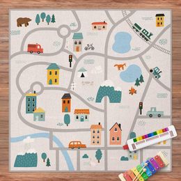 Bilderwelten Kork-Teppich Illustration bunt Korkmatte - Kleinstadt - Entdecke fremde Ecken - Auto Kinderzimmer Baby M&auml;dchen Jungen