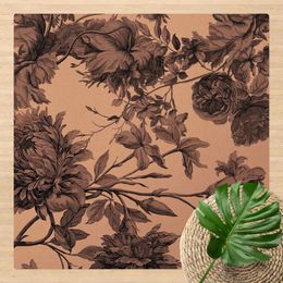 Bilderwelten Kork-Teppich Vintage braun Blumen Korkmatte - Floraler Kupferstich Geflecht Erde - Retro Wohnzimmer Schlafzimmer
