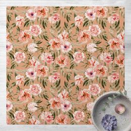 Bilderwelten Kork-Teppich Illustration rosa Aquarell - Aquarell Rosa Bl&uuml;ten vor Wei&szlig; - Rose Wohnzimmer Schlafzimmer