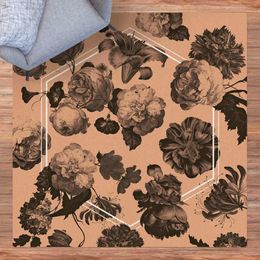 Bilderwelten Kork-Teppich Illustration grau Blumen Aquarell - Dunkle Barockbl&uuml;ten mit wei&szlig;er Geometrie - Deko Wohnzimmer Schlafzimmer