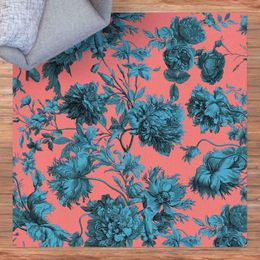 Bilderwelten Kork-Teppich Vintage t&uuml;rkis Blumen Korkmatte - Floraler Kupferstich Blaukoralle - Retro Wohnzimmer Schlafzimmer