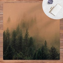 Bilderwelten Kork-Teppich Motiv gr&uuml;n Wald Korkmatte - Wald im Nebel Erwachen - B&auml;ume Wohnzimmer Schlafzimmer