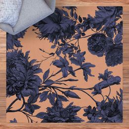 Bilderwelten Kork-Teppich Vintage blau Blumen Korkmatte - Floraler Kupferstich Geflecht Nachtblau - Retro Wohnzimmer Schlafzimmer
