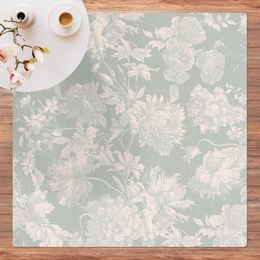 Bilderwelten Kork-Teppich Vintage grau Blumen Korkmatte - Floraler Kupferstich Wei&szlig;grau - Retro Wohnzimmer Schlafzimmer