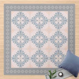 Bilderwelten Kork-Teppich Illustration pastell Fliesenoptik - Florale Fliesen Orange Blaue Knospen mit Bord&uuml;re - Geometrisch Wohnzimmer Schlafzimmer