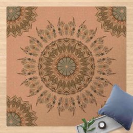 Bilderwelten Kork-Teppich modern blau originell Aquarell - Mandala Aquarell Federn Muster blau gr&uuml;n - Feder Wohnzimmer Schlafzimmer
