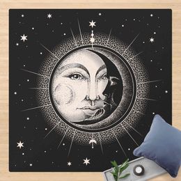 Bilderwelten Kork-Teppich Vintage schwarz weiss Himmel Korkmatte - Vintage Sonne und Mond Illustration - Himmel Wohnzimmer Schlafzimmer