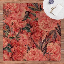 Bilderwelten Kork-Teppich Illustration rot Blumen Aquarell - Zartes Aquarell Rote Pfingstrosen Muster - Rose Wohnzimmer Schlafzimmer