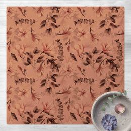 Bilderwelten Kork-Teppich Illustration rosa Aquarell - Bl&uuml;ten mit Grauen Bl&auml;ttern vor Rosa - Rose Wohnzimmer Schlafzimmer
