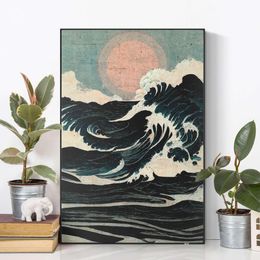 Akustik-Wechselbild Shabby Wellen Illustration mit Sonne
