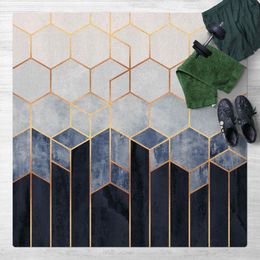 Bilderwelten Kork-Teppich Abstrakt blau originell Aquarell - Goldene Sechsecke Blau Wei&szlig; - Geometrisch Wohnzimmer Schlafzimmer