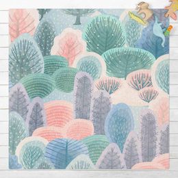Bilderwelten Kork-Teppich Tropisch pastell Korkmatte - Gl&uuml;cklicher Wald in Pastell - Pflanzen Wohnzimmer Schlafzimmer