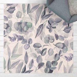 Bilderwelten Kork-Teppich Illustration blau Aquarell - Blaue Eukalyptus Aquarellbl&auml;tter - Deko Wohnzimmer Schlafzimmer