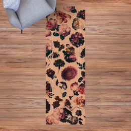 Bilderwelten Kork-Teppich Illustration rosa Blumen Aquarell - Barockbl&uuml;ten mit wei&szlig;er Geometrie - Deko Wohnzimmer Schlafzimmer