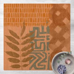 Bilderwelten Kork-Teppich Abstrakt beige Korkmatte - Herbstliches Ethnomuster Gr&uuml;nzweig - Geometrisch Wohnzimmer Schlafzimmer