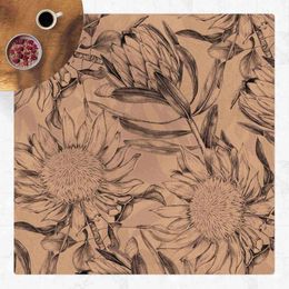 Bilderwelten Kork-Teppich Vintage schwarz Blumen Korkmatte - Florale Eleganz Vintage Protea - Retro Wohnzimmer Schlafzimmer