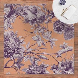 Bilderwelten Kork-Teppich Vintage violett Blumen Korkmatte - Floraler Kupferstich Geflecht Lila - Retro Wohnzimmer Schlafzimmer