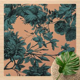 Bilderwelten Kork-Teppich Vintage petrol Blumen Korkmatte - Floraler Kupferstich Geflecht Petrol - Retro Wohnzimmer Schlafzimmer