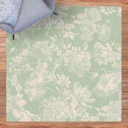 Bilderwelten Kork-Teppich Vintage gr&uuml;n Blumen Korkmatte - Floraler Kupferstich Wei&szlig;gr&uuml;n - Retro Wohnzimmer Schlafzimmer