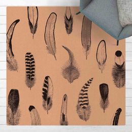 Bilderwelten Kork-Teppich Illustration schwarz Federn Korkmatte - Flauschige Federn Schwarz - Feder Wohnzimmer Schlafzimmer