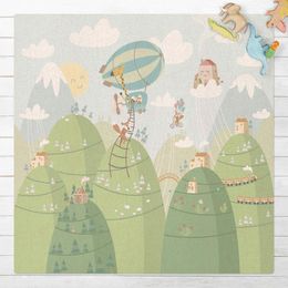 Bilderwelten Kork-Teppich Illustration gr&uuml;n Tiere Korkmatte - Wald mit H&auml;usern und Tieren - Ballon Kinderzimmer Baby M&auml;dchen Jungen